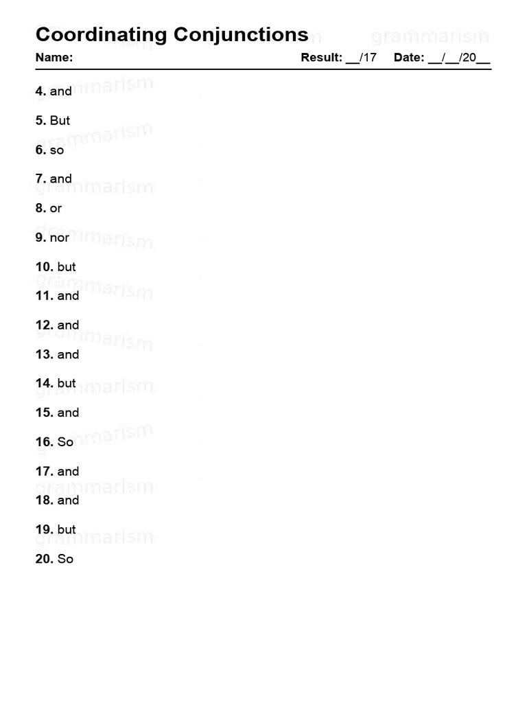 Grammarism Coordinating Conjunctions Test 1 Answers 2468685 | PDF ...
