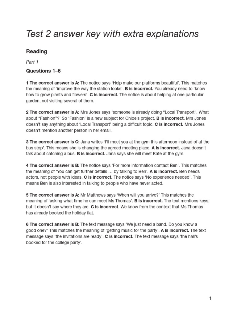 A2 Key 2, Test 2 Answer Key, Reading | PDF | Word | Adverb