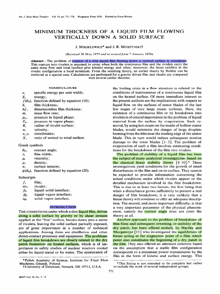 (1976-1) Minimum Thickness of A Liquid Film Flowing Vertically Down A Solid Surface | PDF ...