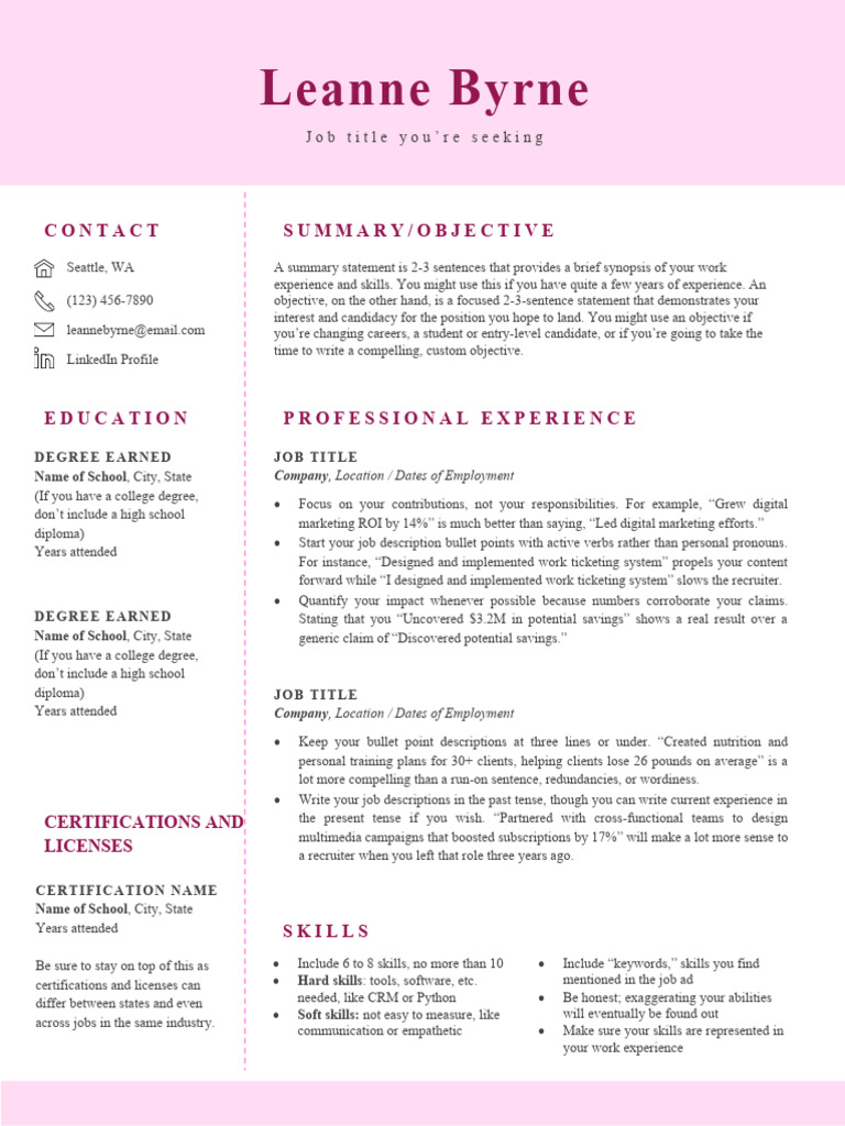 Pretty in Pink Word Resume Template | PDF | Linguistics | Human ...