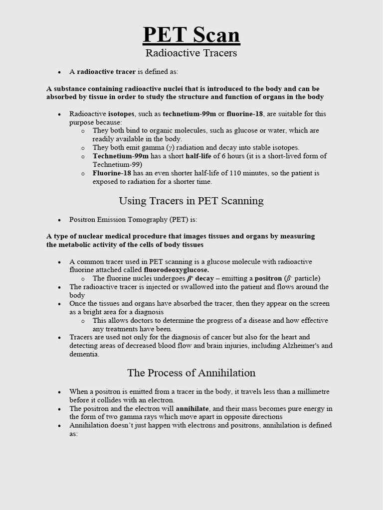 Pet Scan Notes | PDF | Positron Emission Tomography | Radioactive Tracer