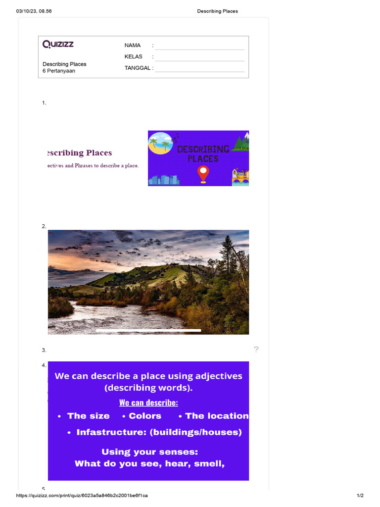 Describing Places: Quiz Questions | PDF | Teaching Methods & Materials