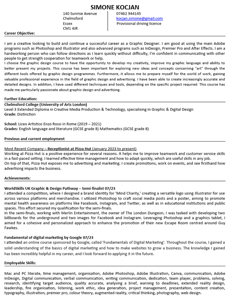 Your Name - CV - Year - First Year Student | PDF