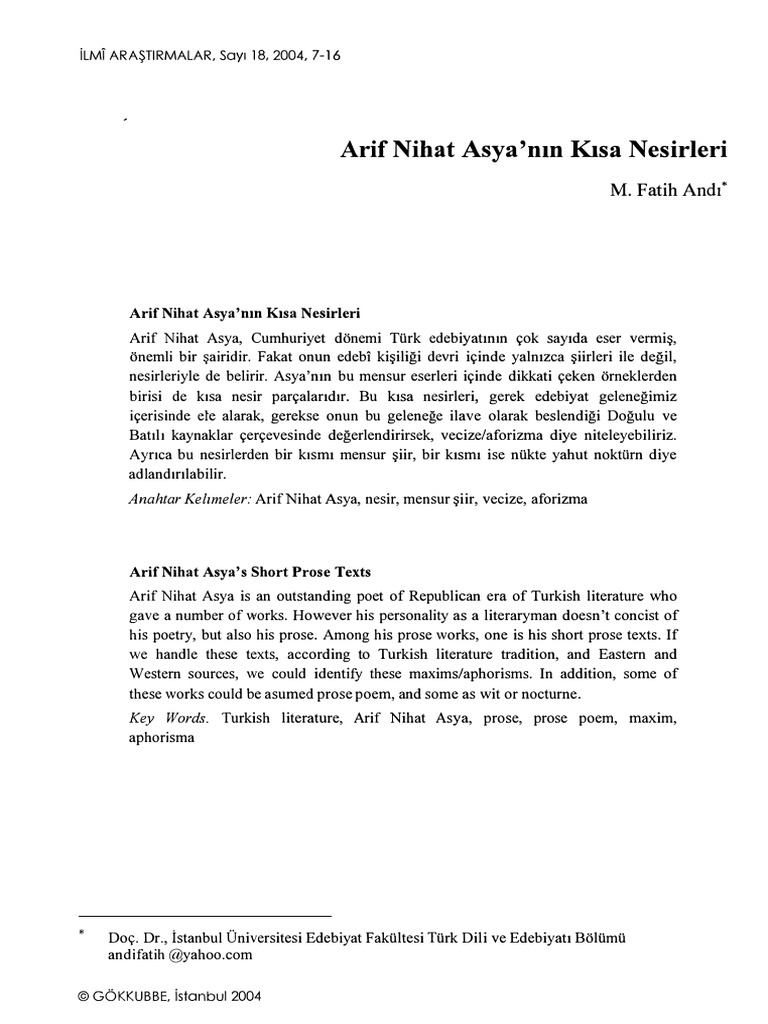 Arif Nihat Asya'n N K Sa Nesirleri (#86033) - 73501 | PDF