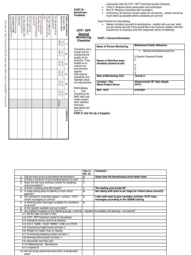 OTP/SFP Quality Monitoring Checklist | PDF | Health Sciences | Social ...
