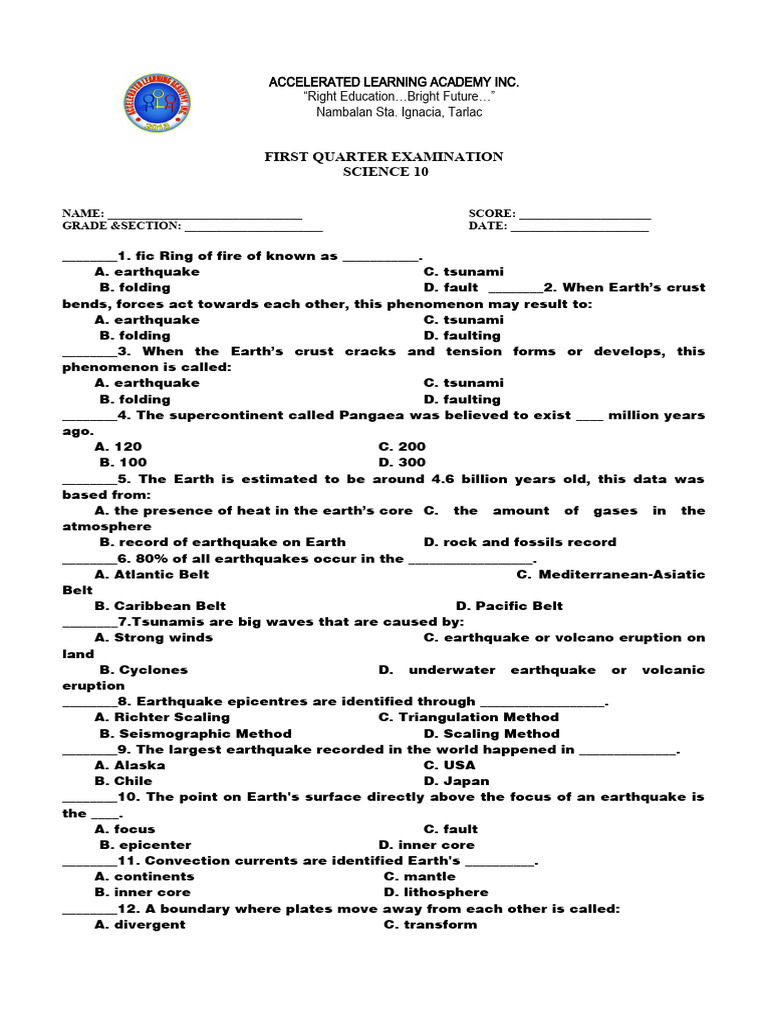 Grade 10 Science 1st Quarter Exam | PDF | Earth Sciences | Plate Tectonics