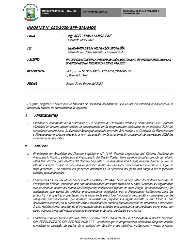 Informe Nro022 INCORPORACION A LA PROGRAMACION MULTIANUAL DE ... Informe Nro022 INCORPORACION A LA PROGRAMACION MULTIANUAL DE ...