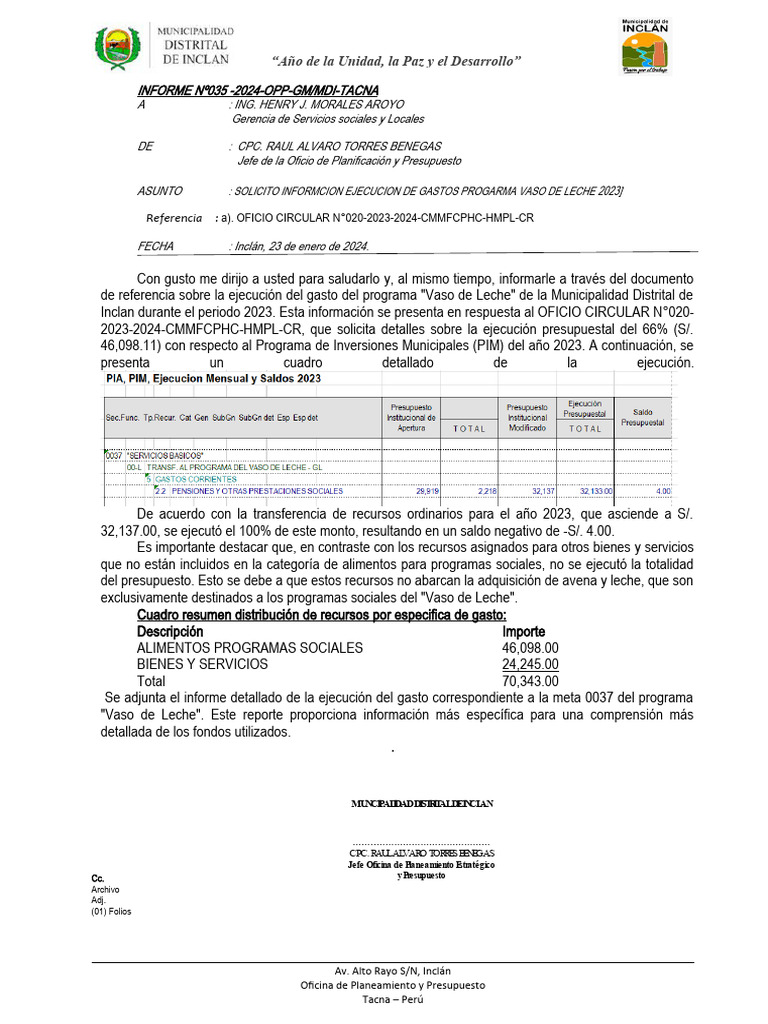 Informe N°035-2024-opP OFICIO CIRCULAR 02-2023-2024-CMMFCPHC PVL | PDF | Presupuesto