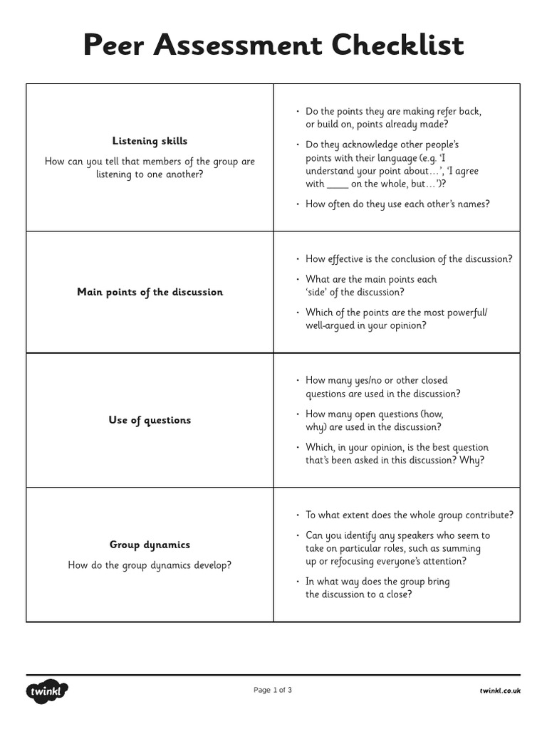 Socrates Circle Peer Assessment and Self Assessment Checklists | PDF ...