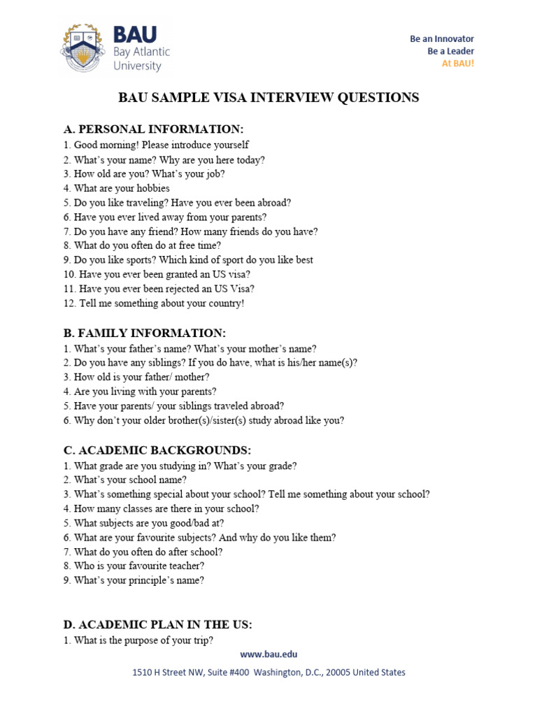 Bau Visa Sample Questions | PDF