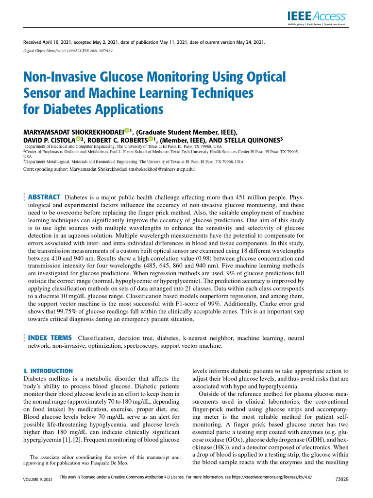 Non-Invasive Glucose Monitoring Using Optical Sensor and Machine Learning Techniques For ...