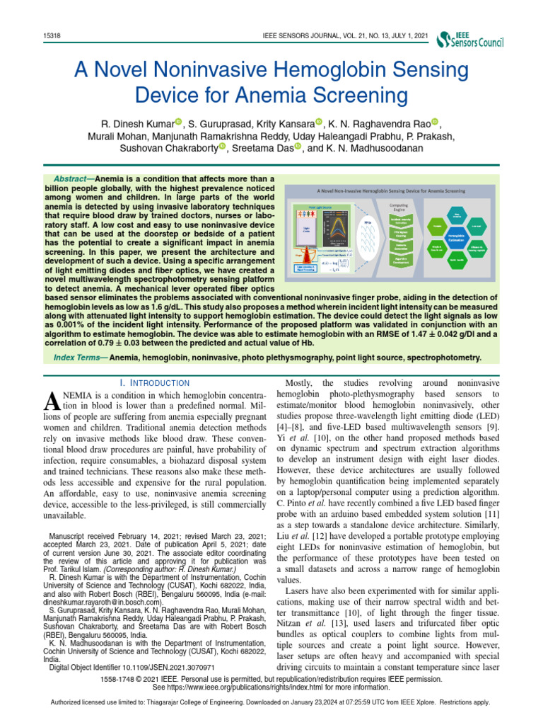A Novel Noninvasive Hemoglobin Sensing Device For Anemia Screening | Download Free PDF | Light ...