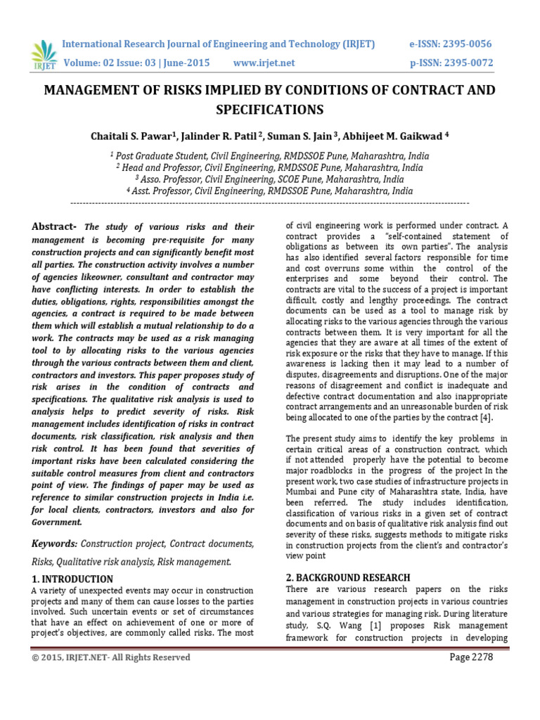 Irjet Management of Risks Implied by Con | PDF | Risk | Risk Management