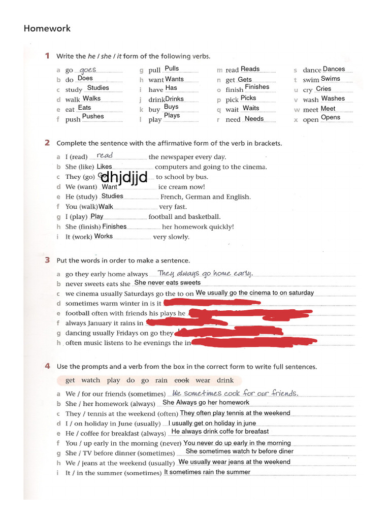 Homework Present Simple Verbs - 1 | PDF