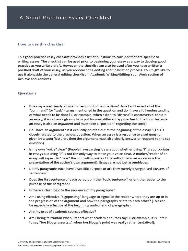 Good-Practice Essay Checklist | PDF | Essays | Human Communication