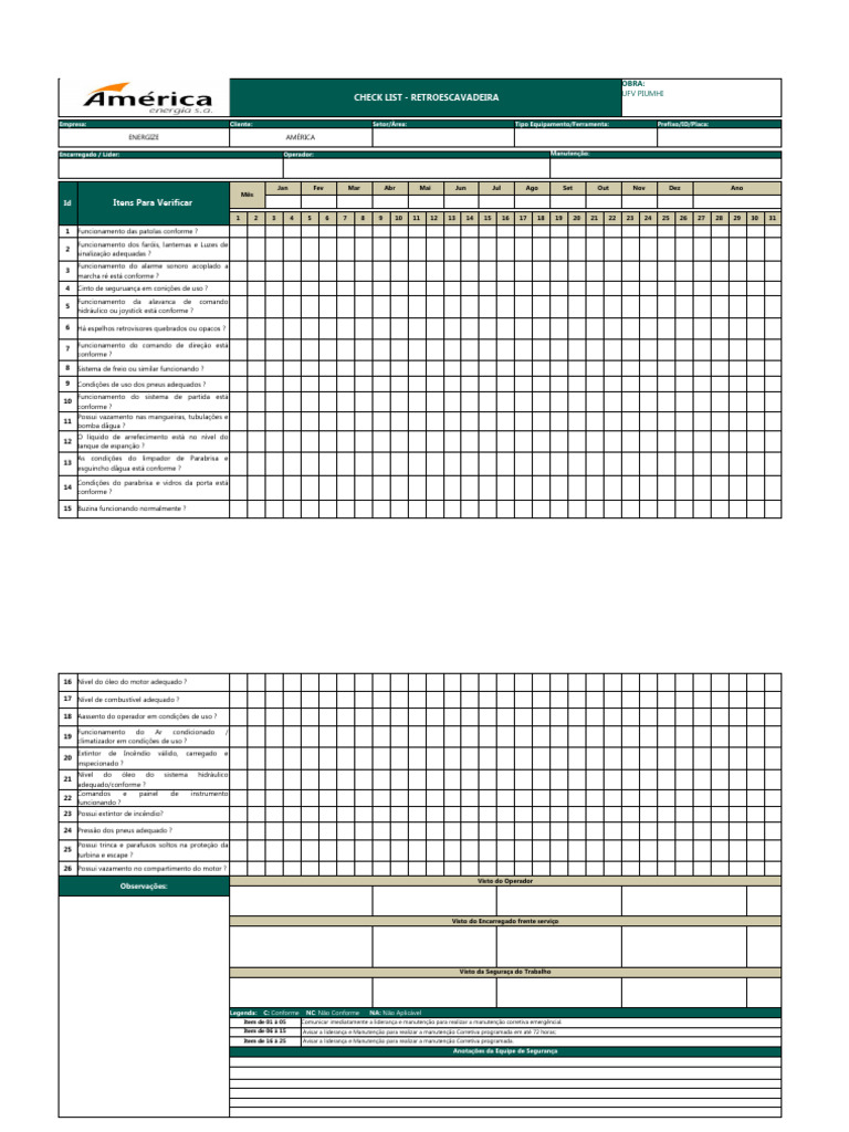 Checklist de Manutenção de Retroescavadeira | PDF