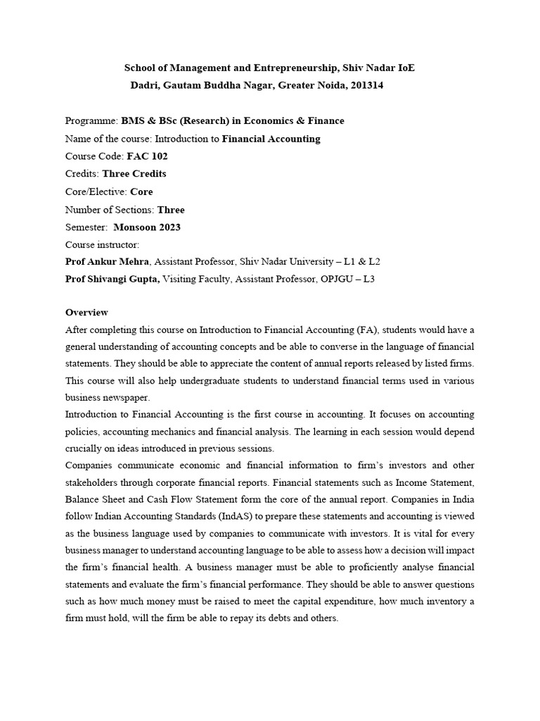 FA - SNU - Course Outline - Monsoon 2023 | PDF | Depreciation ...