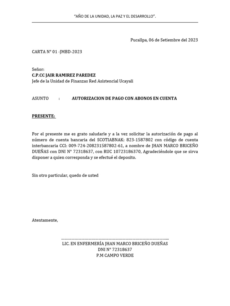 Carta de Autorizacion de Cuenta JMBD Cmapo Verde | PDF