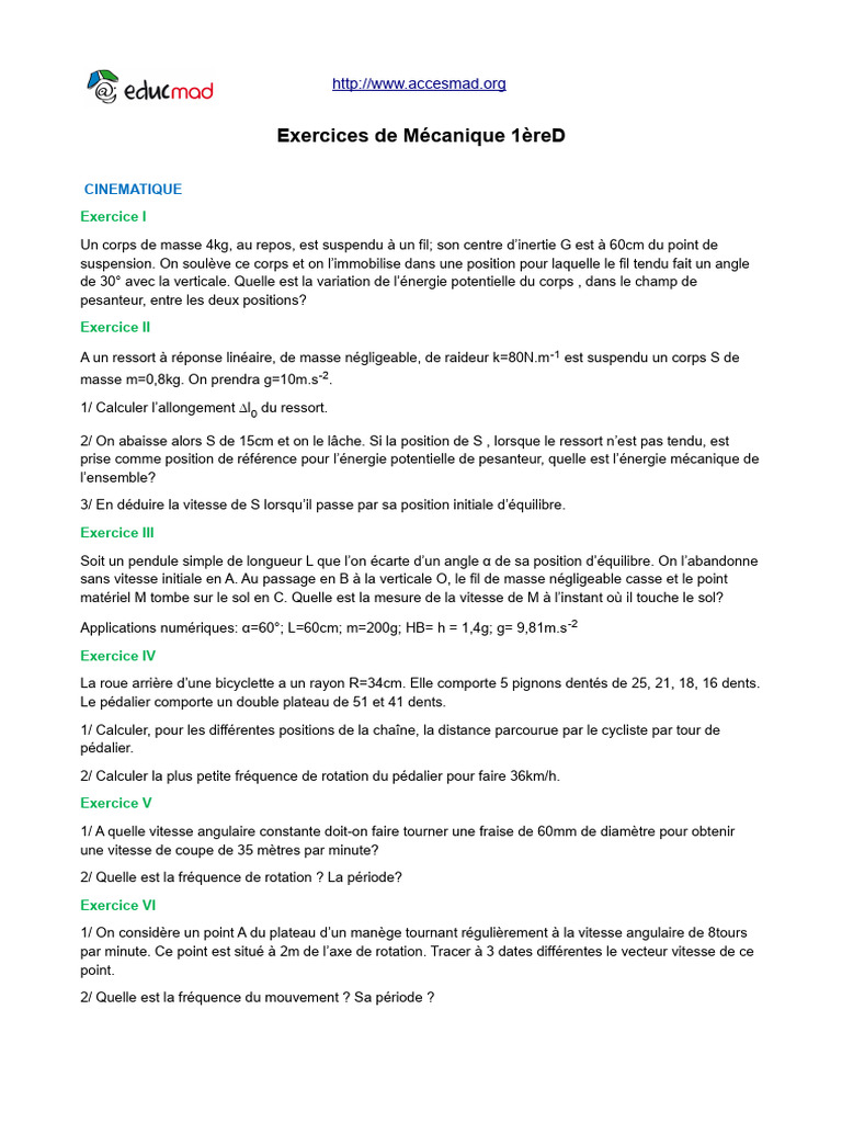 Exercices de Mécanique Corrigés 1èreD | PDF | Rotation | Masse