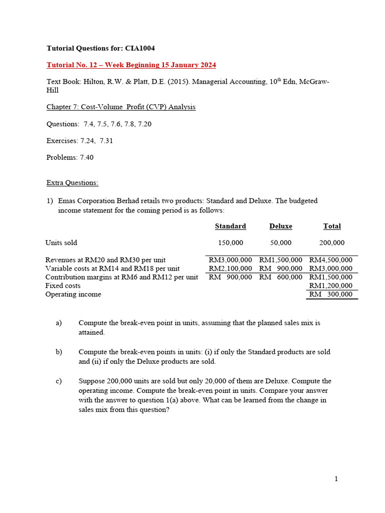 Tutorial 12 Questions - CVP | PDF | Economies | Business