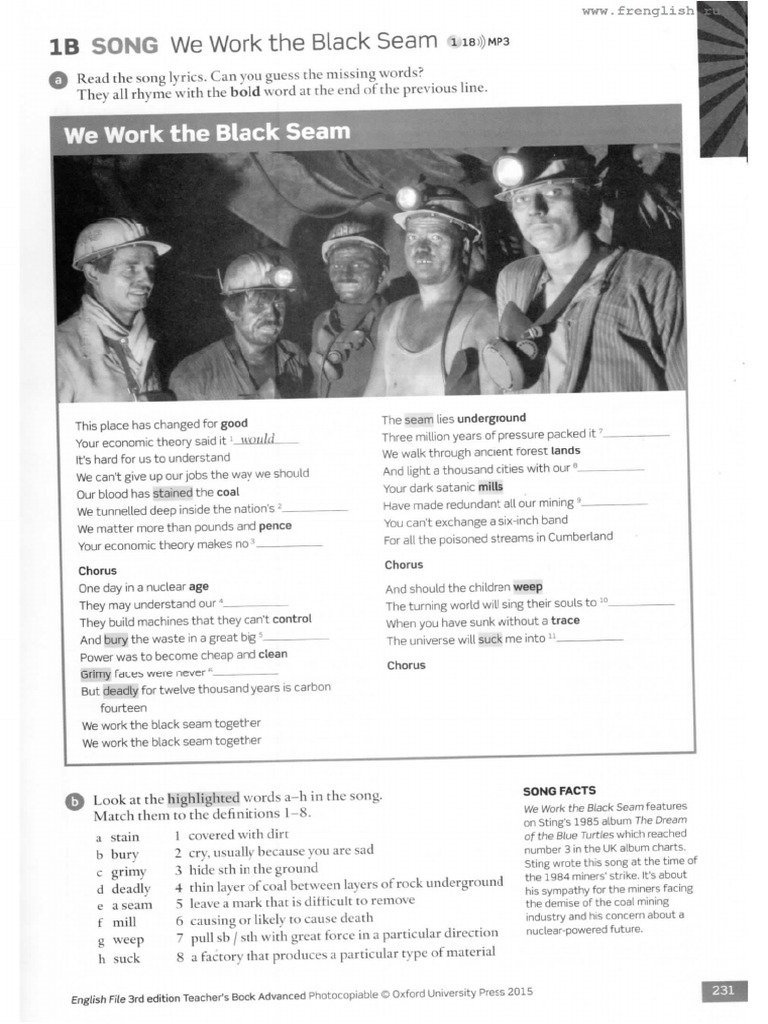 E.F.Advanced Song Unit 1 We Work The Black Seam | PDF