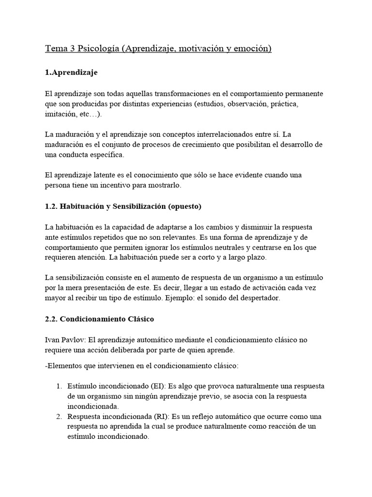Tema 3 Psicología Aprendizaje Motivación Y Emoción Pdf Las