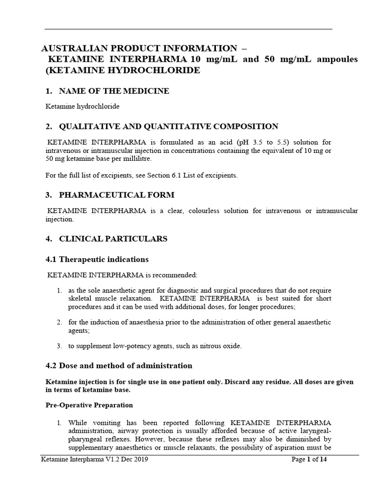 Approved Pi Ketamine Interpharma - 2020 | PDF | Anesthesia | Dose ...
