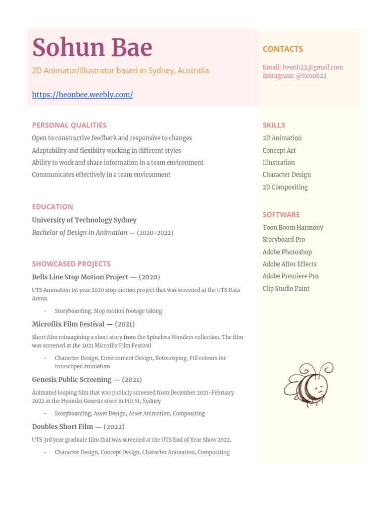Sohun Bae Resume | Download Free PDF | Animation | Filmmaking