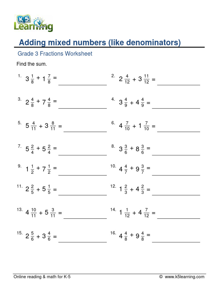 Grade 3 Adding Mixed Numbers Like Denominators D | PDF | Mathematical ...