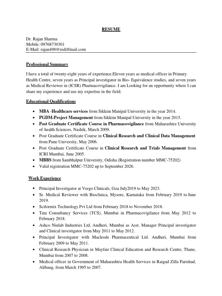 DR - Rajan - CV - 23-May - 2023 | PDF | Pharmacovigilance | Clinical Trial