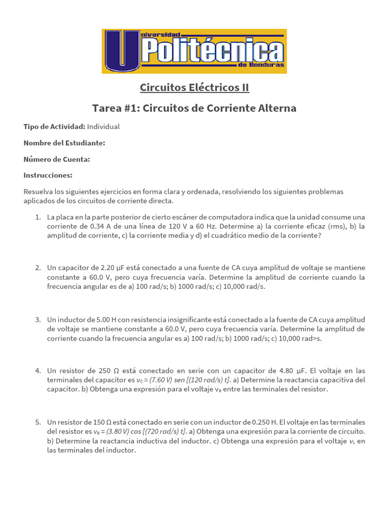 Circuitos Eléctricos II - Tarea #1 Circuitos de Corriente Alterna | PDF | Energia electrica ...