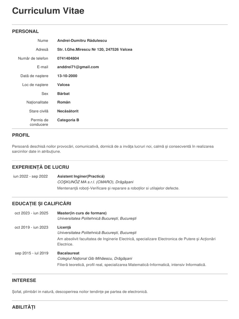 CV Andrei-Dumitru Rădulescu | PDF