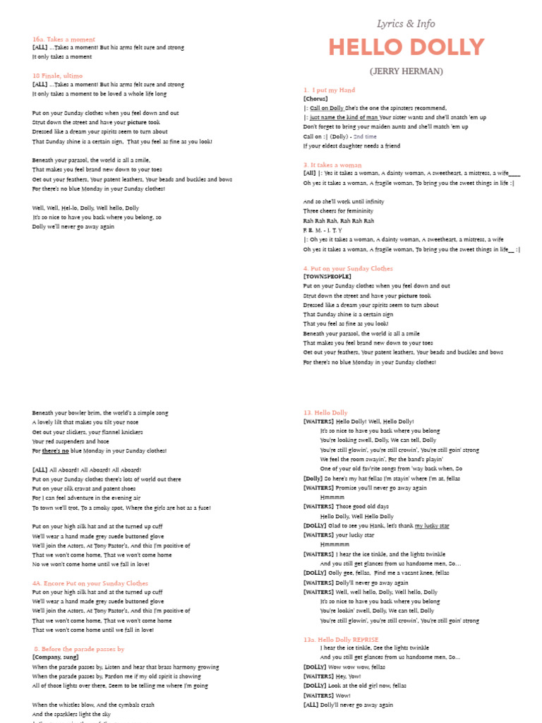 "Hello Dolly: Musical Highlights & Lyrics" | PDF
