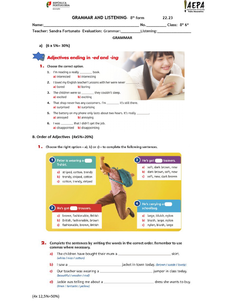 8th Grade Grammar and Listening Test | PDF | Teaching Methods & Materials