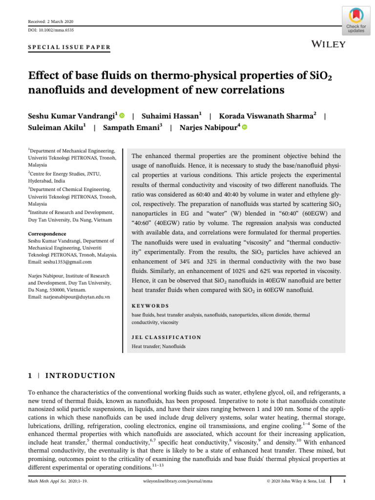 Effect of Base Fluids On Thermo-Physical Properties of SiO2 | PDF