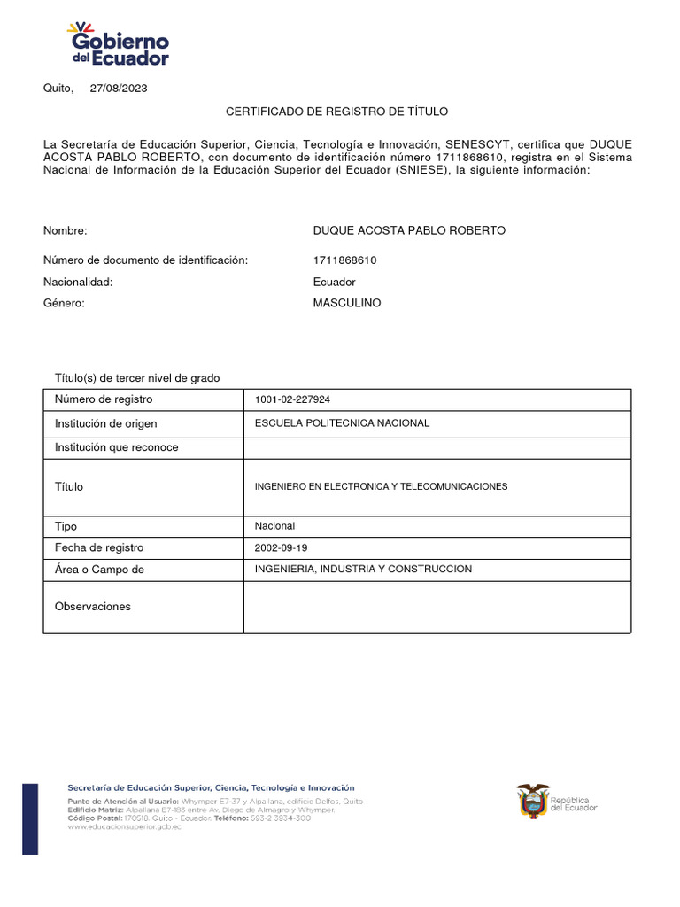 Senescyt Pablo Duque | PDF | Educación más alta | Ecuador