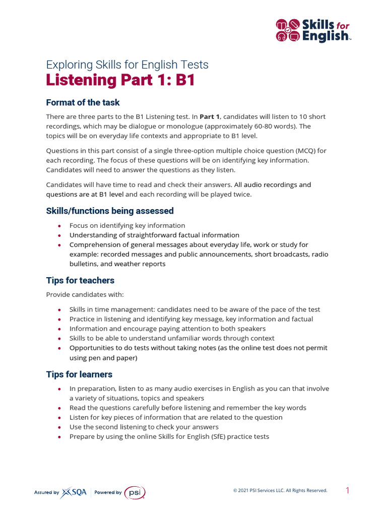SfE Listening B1 Part1 | PDF | Multiple Choice | Reading Comprehension