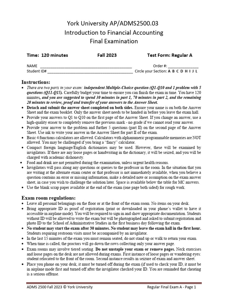 F23 ADMS2500 Sample Final Exam - Regular To Post | PDF