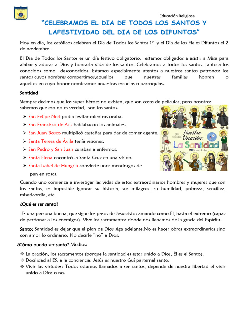 Práctica Celebramos El Dia de Todos Los Santos y Lafestividad Del Dia ...