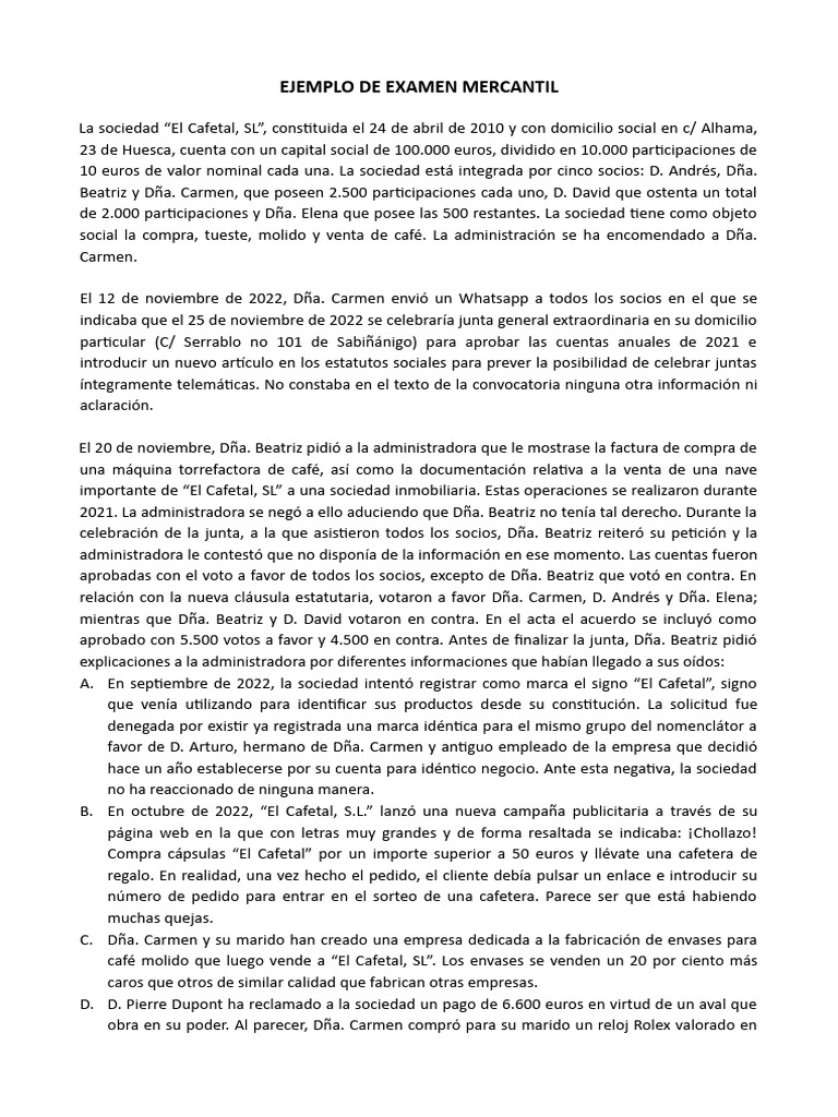 Ejemplo - Examen - Mercantil (Hecho) | PDF | Sociedad de responsabilidad limitada | Business