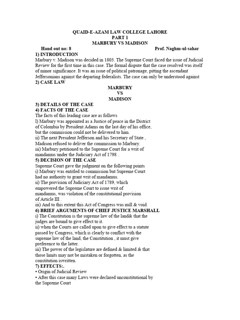 Marbury vs. Madison | PDF | Marbury V. Madison | Supreme Court Of The ...