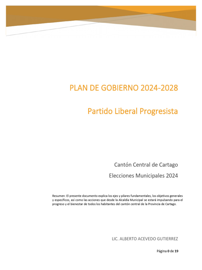 Plan de Gobierno Liberal Progresista Cartago 2024 | PDF