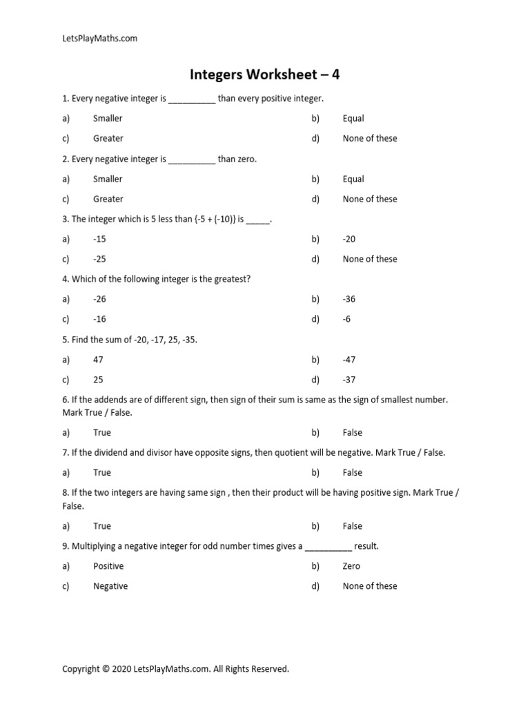 Class 6 Integers Worksheet 4 | PDF