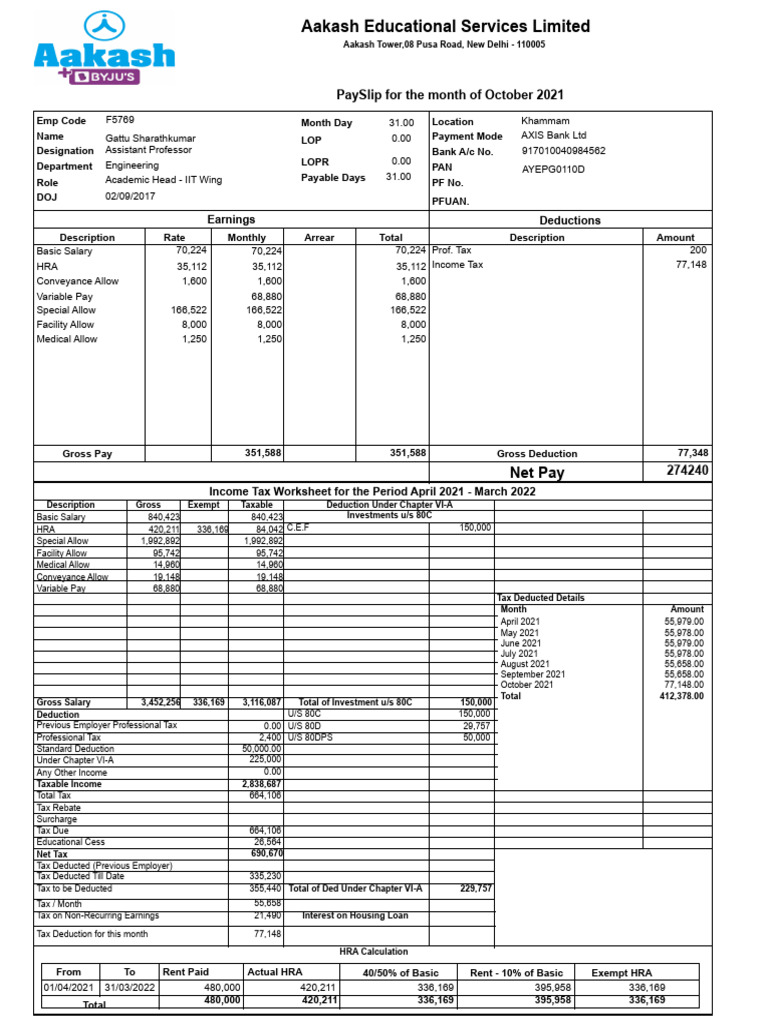 PaySlip (October) | PDF | Taxes | Tax Deduction