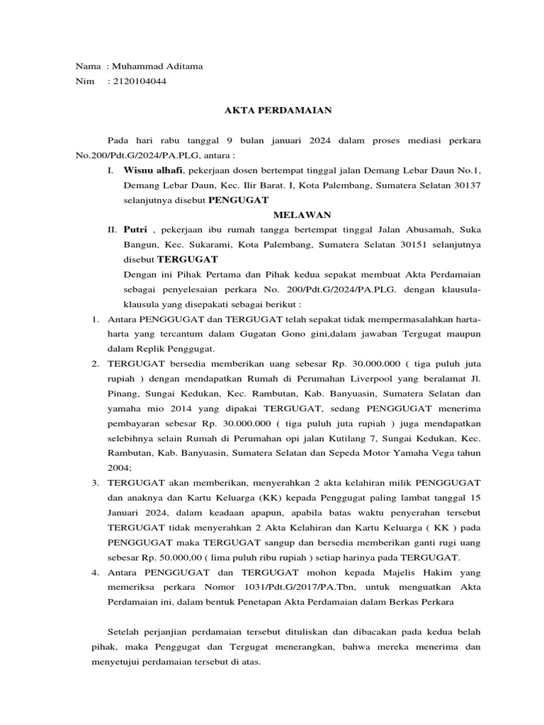 Akta Perdamaian Mediasi | PDF