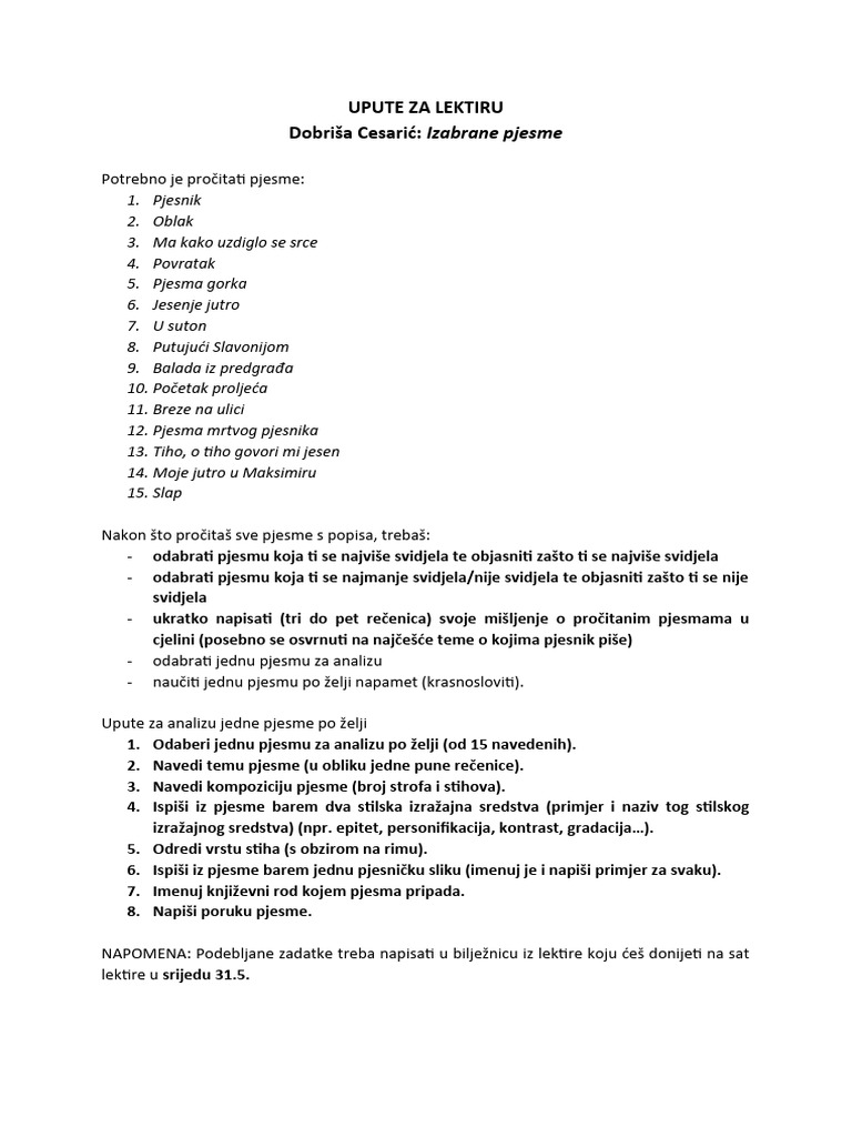 Dobriša Cesarić - Izabrane Pjesme - Upute Za Lektiru | PDF