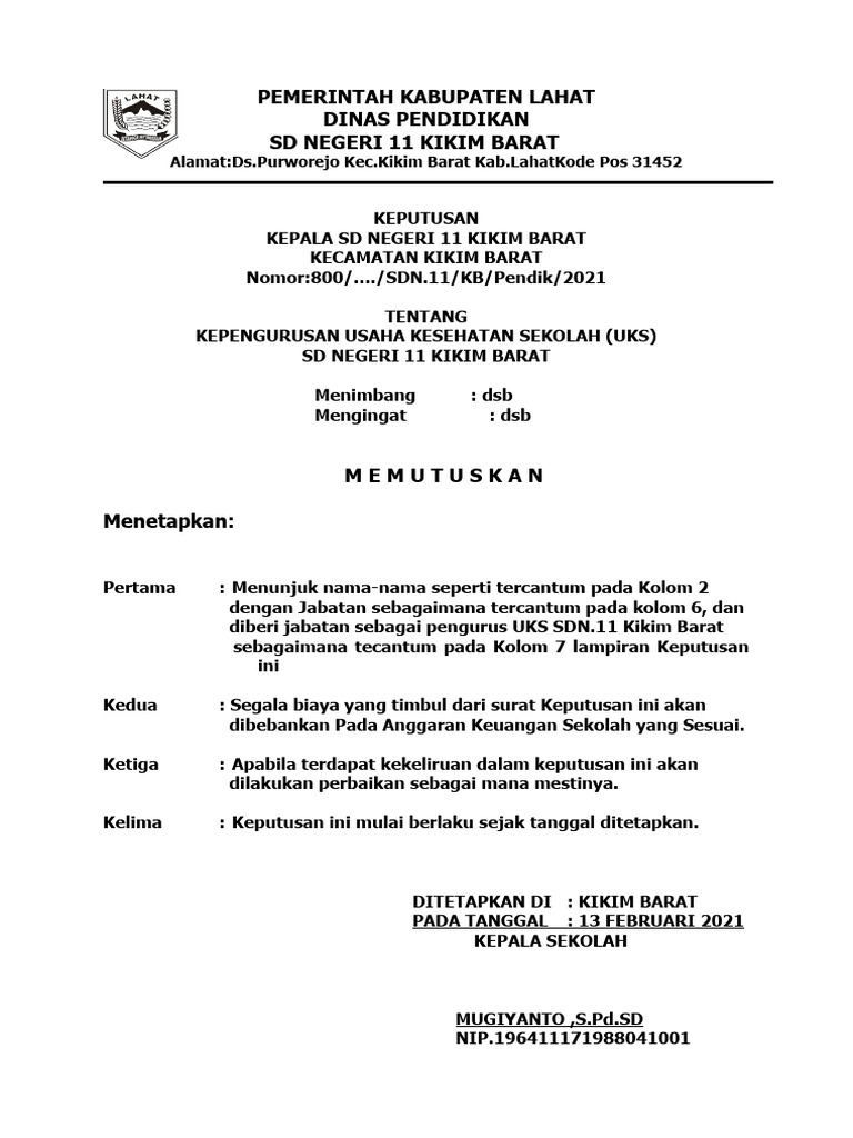 SK - Pengurus Uks | PDF