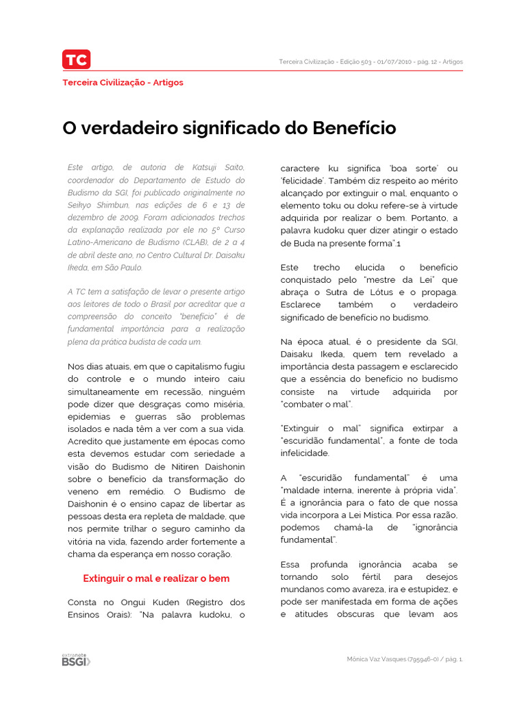 o Verdadeiro Significado Do Beneficio | PDF