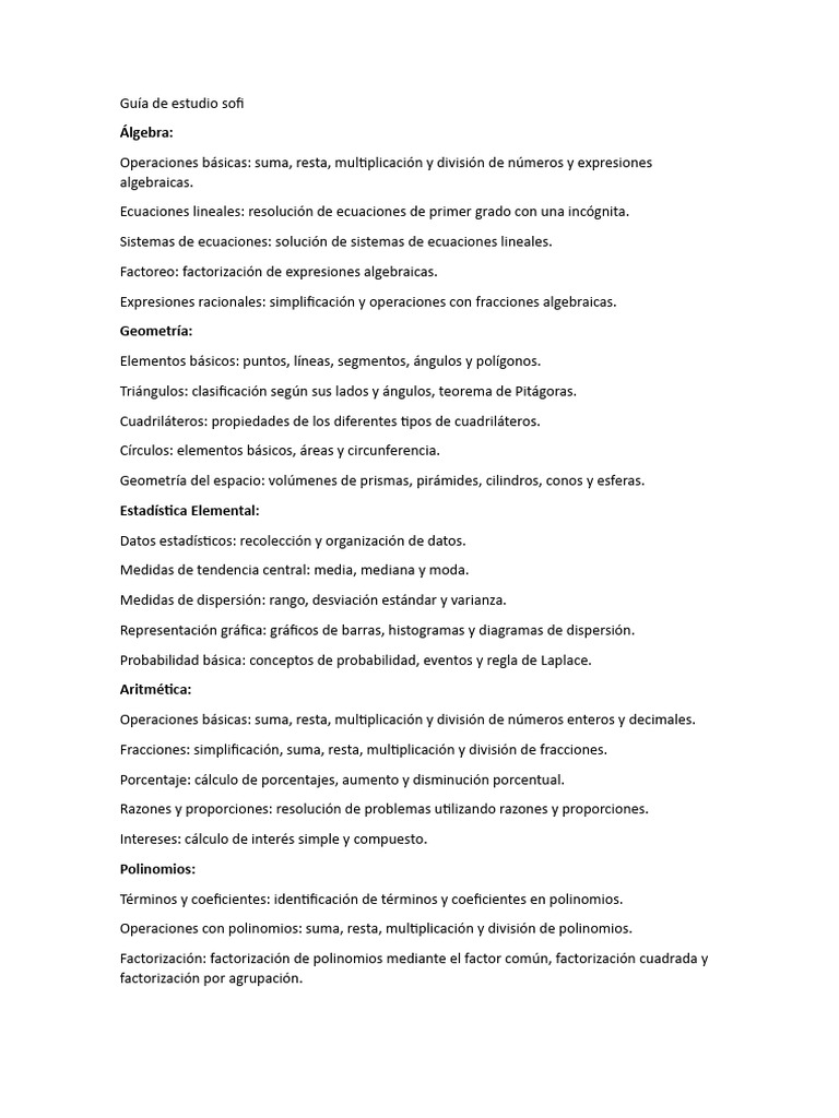 Guía de estudio sofi | PDF | Factorización | Ecuaciones