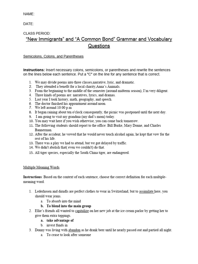 New Immigrants and A Common Bond Grammar and Vocabulary Questions | PDF ...